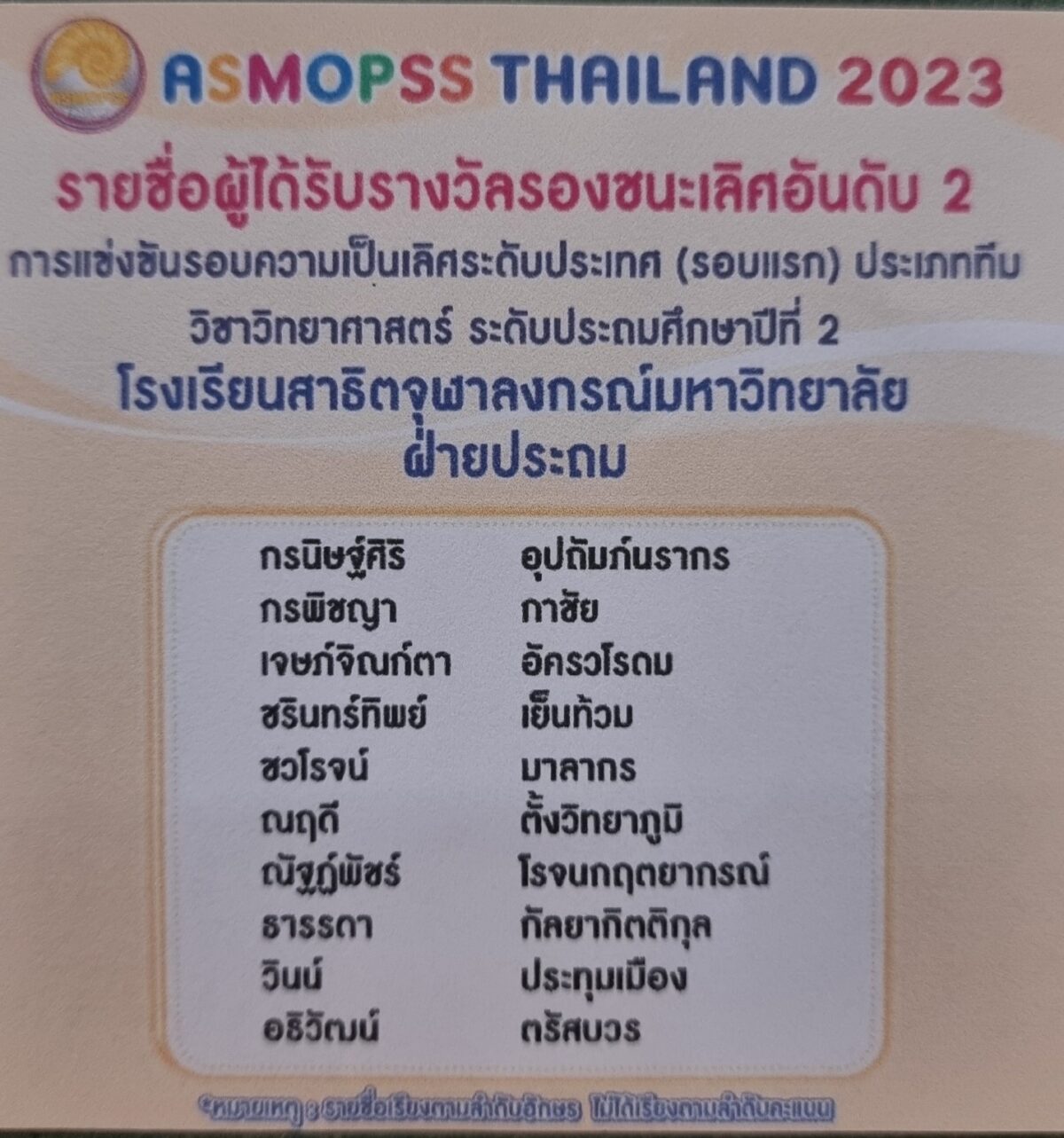 รับถ้วยรางวัลจาก ASMOPSS THAILAND 2023 จากฝ่ายวิชาการฯ - โรงเรียนสาธิตจุฬาลงกรณ์มหาวิทยาลัย ฝ่าย ...
